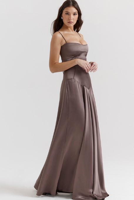 House Of Cb Anabella Smoke Beige Lace Up Corset Silk Maxi In Size Small
